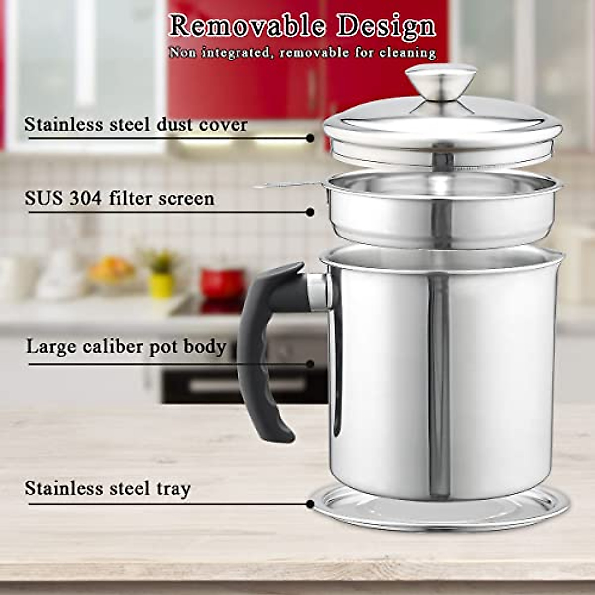 Kyraton Bacon Grease Container With Strainer, 48 oz Stainless Steel Oil Container, Pot Fat Storage With Lid, Easy Grip Handle Suitable For Storing Frying Oil And Cooking Grease