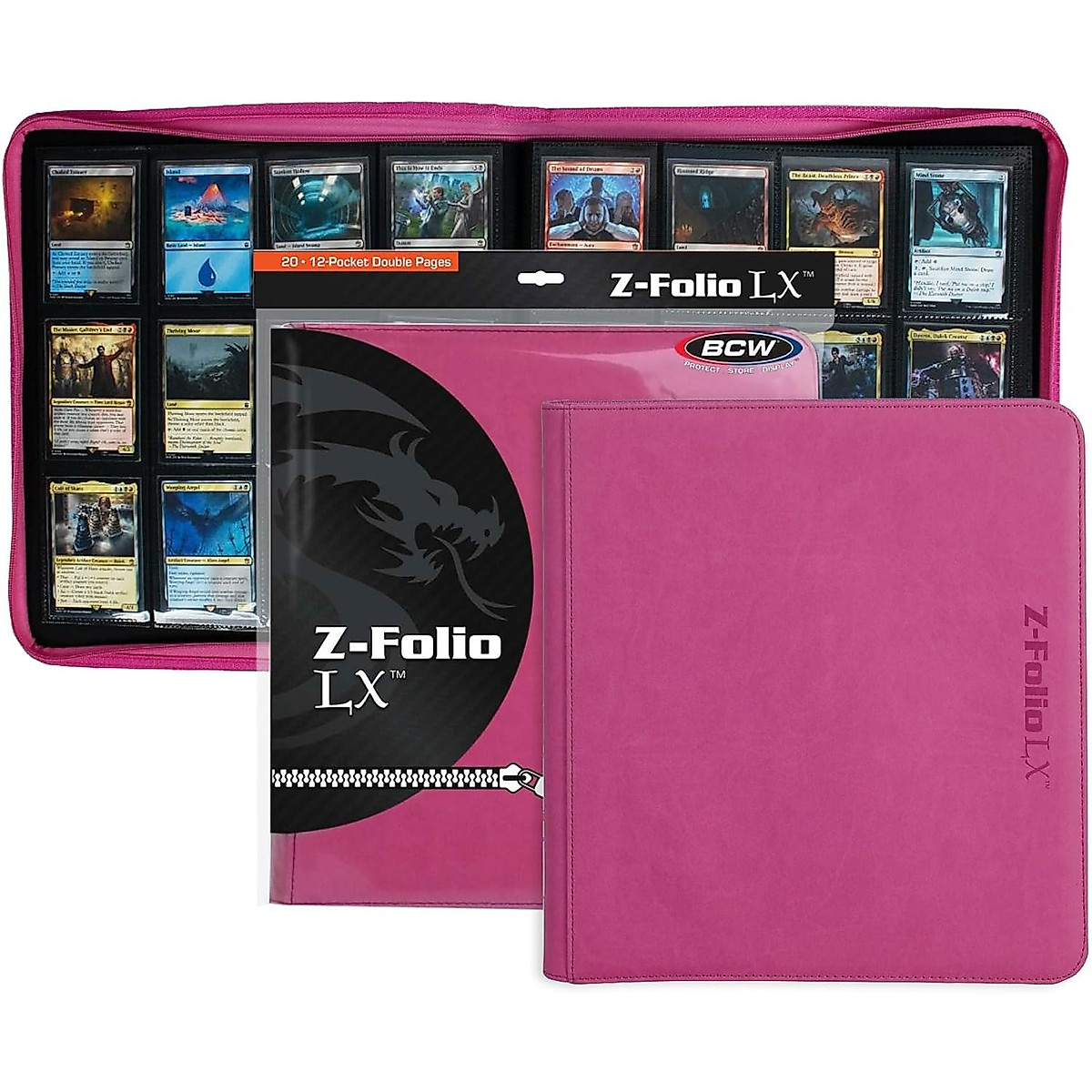 BCW Z-Folio LX Zipper Portfolio - Premium Pink Leatherette 12-Pocket Playset Album - Secure Zipper - 480 Card Capacity - Card Collector's Dream - Card Organizer - Trading Card Storage