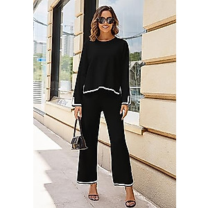 EsheSy Women's 2 Piece Outfits Sweater Sets Long Sleeve Knit Pullover Tops Wide Leg Pants Tracksuit Lounge Sets(Black-M)