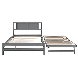 Harper & Bright Designs Full Size Bed Frame with Adjustable Trundle, Wooden Full Platform Bed with Headboard, Full Trundle Bed Frame for Kids, Teens, Adults, No Box Spring Needed, Gray