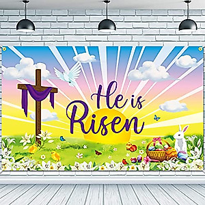 JKQ Easter He is Risen Backdrop Banner 73 x 43 Inch Large Size Jesus Resurrection Cross Sun Lily Background Banner Religious Holiday Party Decorations Easter Spring Indoor Outdoor Photo Booth Props