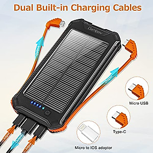 Damipow Portable Charger Solar Charger Power Bank 20000mAh with Built-in USB C & Micro B Cables, iOS Adapter, Flashlight, Waterproof External Battery Pack for for iPhone & Android