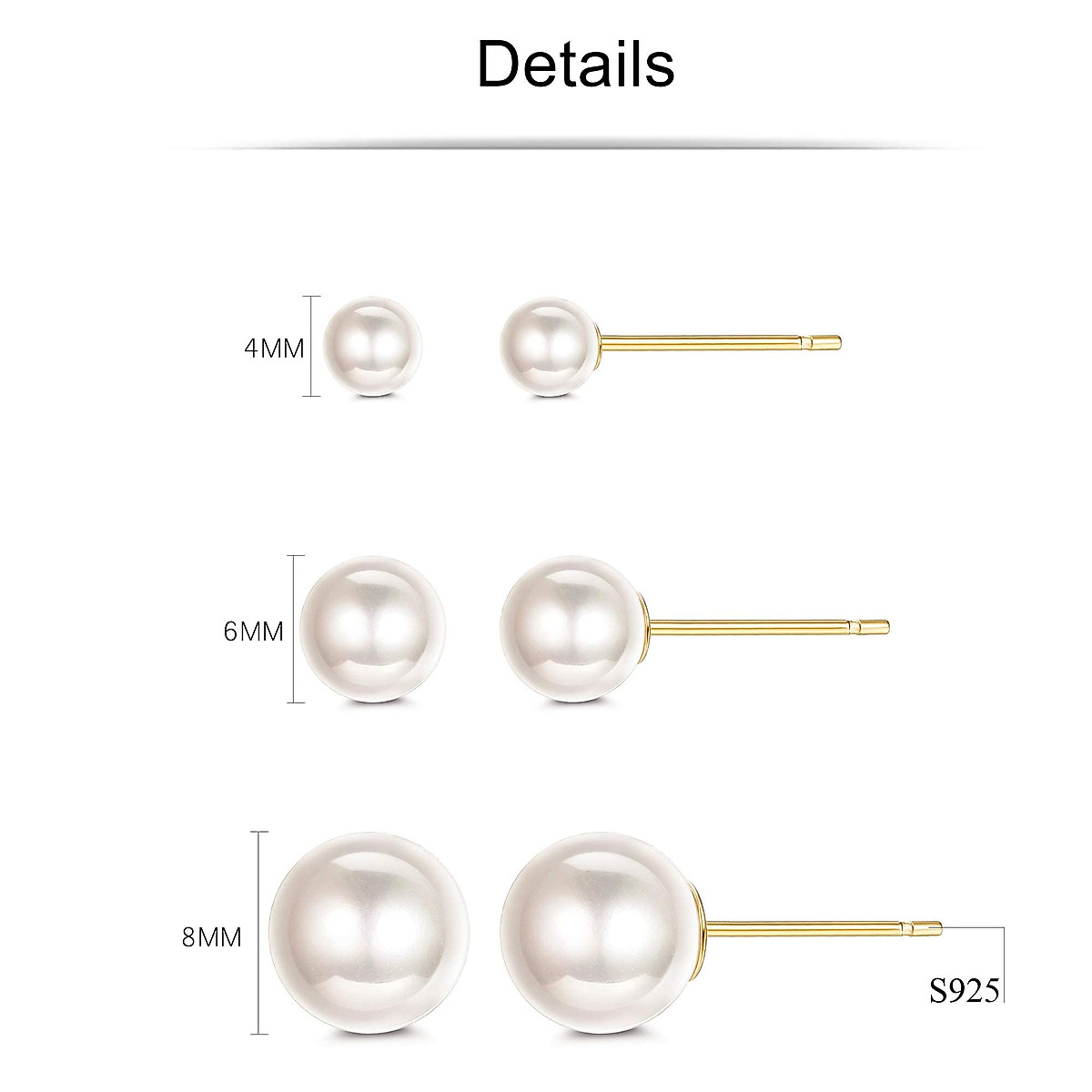 Sllaiss 925 Sterling Silver Austria Pearl Earrings 18K Gold Pink Earrings Sets Stud Earrings for Women (3 Pairs 4mm 6mm 8mm)