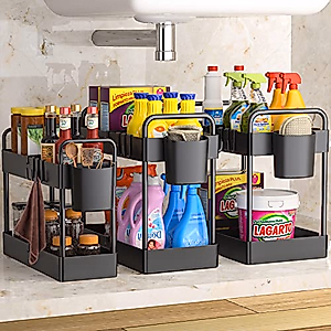 3 Pack Under Sink Organizers And Storage With Dividers,2-Tier Bathroom Organizer Under Sink,Kitchen Organization,Cabinet Organizer With Hooks,Hanging Cup,Dividers,Handles