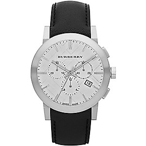SALE! Authentic Burberry LUXURY Chronograph Watch Men Unisex The City Black Leather Silver Date Dial BU9355