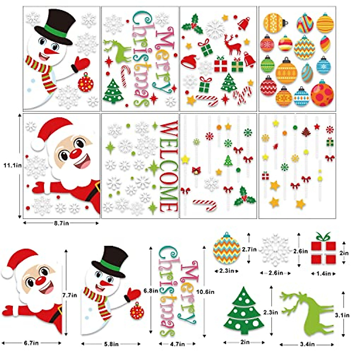 KIMOBER 150 PCS Christmas Window Clings,Santa Claus Snowman Christmas Balls Window Glass Decorations for Party Supplies