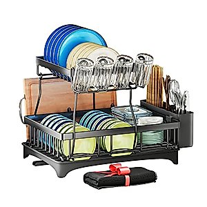 Dish Drying Rack, Detachable 2 Tier Dish Rack and Drainboard Set, Large Capacity Dish Drainer Organizer Shelf with Utensil Holder, Cup Rack, Extra Drying Mat for Kitchen Counter, Black
