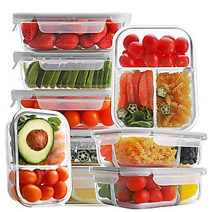 Bayco 9 Pack Glass Meal Prep Containers 3 & 2 & 1 Compartment, Glass Food Storage Containers with Lids, Airtight Glass Lunch Bento Boxes, BPA-Free & Leak Proof (9 lids & 9 Containers)