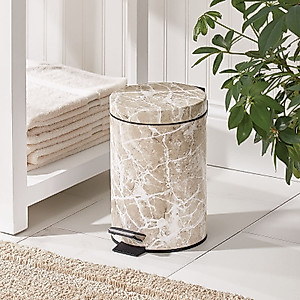 mDesign Small Modern 3-Liter / .7 Gallon Round Metal Lidded Step Trash Can, Compact Garbage Bin with Removable Liner Bucket and Handle for Bathroom, Kitchen, Office, Garage - Taupe Marble Print