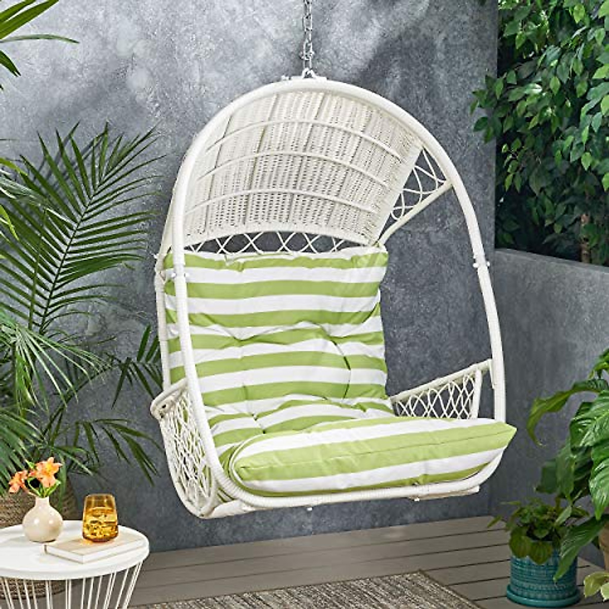Christopher Knight Home Becky Wicker Hanging Chair with Cushion (Stand Not Included), White, Green