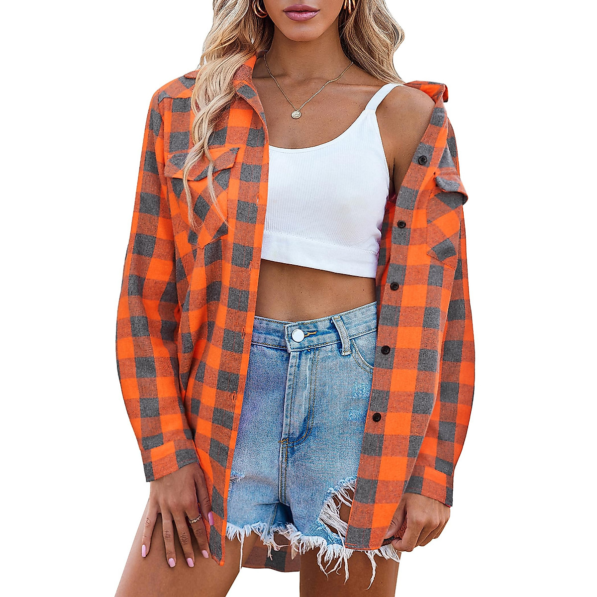 Zeagoo Womens Tartan Plaid Flannel Shirts, Roll up Sleeve Casual Boyfriend Button Down Gingham Checkered Shirt, Orange, X-Large