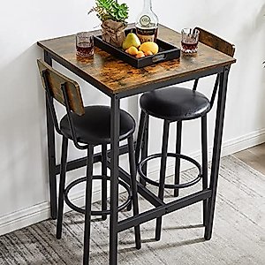 KIVENJAJA Bar Table and Chairs Set for 2, 3-Piece Small Square Pub Bistro Table and Upholstered Stools with Backrest, Counter Height Dining Table Set for Kitchen Small Space, Rustic Brown