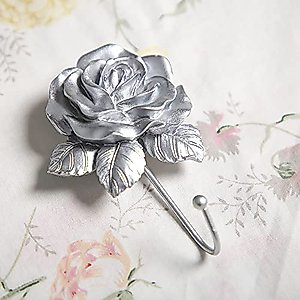 MDPLY Classic Rose of Pastoral Coat Hook Wall Mounted Wall Decor Durable Handmade Resin Decorative Robe Hook, Scarf, Bag, Towel, Hat etc for Kitchen Bathroom Office (Silver)