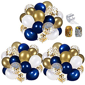 Navy Blue and Gold Confetti Balloons Party Decoration Supplies 70pcs 12 inch Gold Metallic Pearl White Balloons for Navy Party, Baby Shower, Wedding, Graduation, Birthday, with 2 Strips, 2 Foil Ribbon