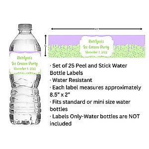 Ice Cream Party, Personalized Water Bottle Labels, Baby Sprinkle Favors, Pack of 25 Peel and Stick Waterproof Wrappers (Purple/Green)