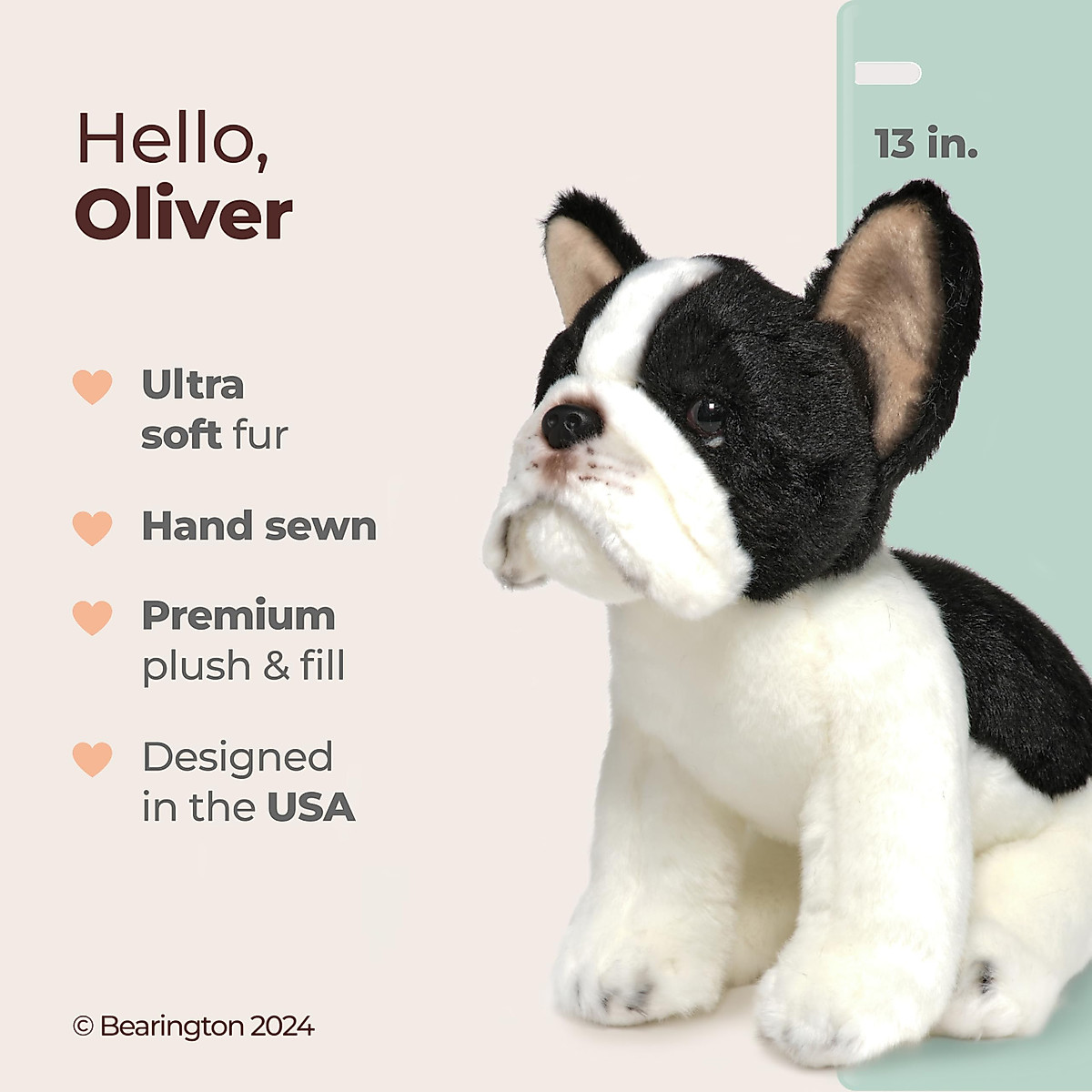 Bearington Collection Oliver The French Bulldog Plush, 13 Inch French Bulldog Stuffed Animal