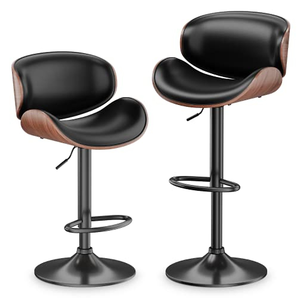 Aowos Adjustable Swivel Bar Stools Set of 2, Mid-Century Modern PU Leather Upholstered Counter Height Bar Stool, Kitchen Island Barstoosl with Back, Black