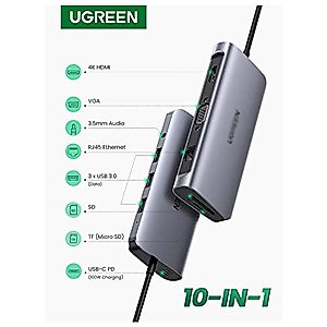 WJCCY USB C Hub 10 in 1 USB Type C to HDMI 4K USB 3.0 VGA PD 3.5mm Full Function Hub