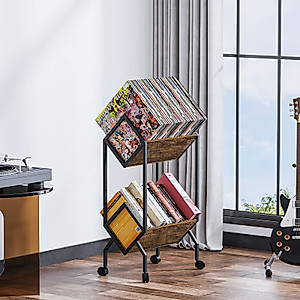 Giikin 2-Tier Vinyl Record Storage Holder, Holds up to 160-200 LPs, Mobile Metal and Wooden Vinyl Record Organizer Stand with Casters, Storage, Protects Vinyl - Organize Albums - Book, Magazine, Files