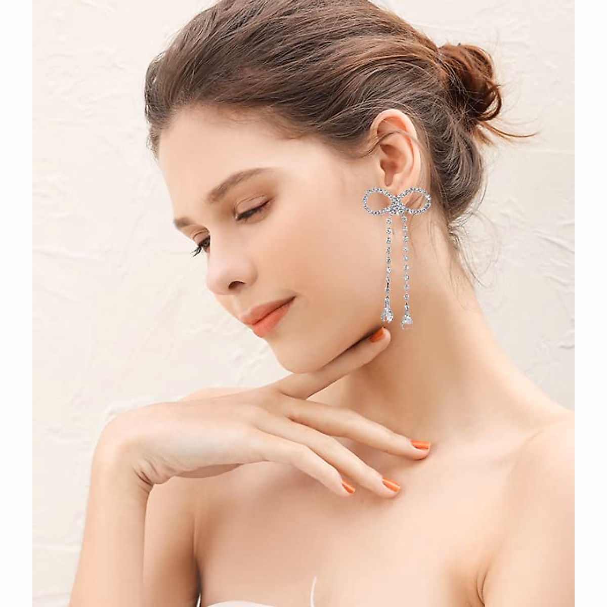 Silver Bow Drop Earring Rhinestones Bow Tassels Statement Earrings Crystal Bowknot Lightweight Shiny Bar Earrings Set Jewelry