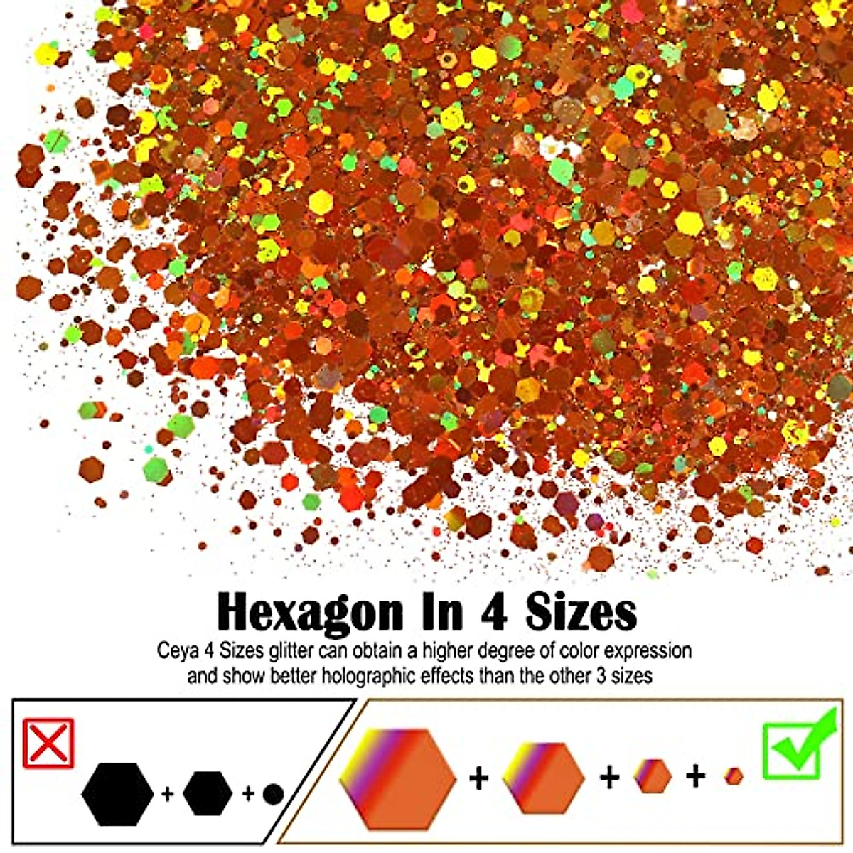 Ceya Holographic Chunky Glitter, 4.9oz/ 140g Orange Craft Glitter Powder Mixed Chunky & Fine Flakes Iridescent Nail Sequins for Nail Art, Hair, Epoxy Resin, Tumblers, Slime, Painting, Festival Decor