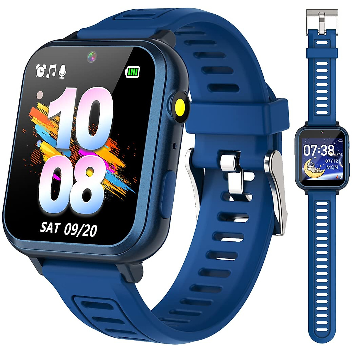 OVV Kids Smart Watch with 16 Puzzle Game for Boys Girls Ages 4-12 Selfie Camera Video Recorder Music Player Pedometer Flashlight 12/24 Hr Clock 1.54" Touch Screen Children Aluminum Case (1.Blue)