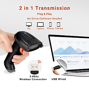 Tera Barcode Scanner Wireless Versatile 2-in-1 (2.4Ghz Wireless+USB 2.0 Wired) with Battery Level Indicator, 328 Feet Transmission Distance Rechargeable 1D Laser Bar Code Reader Handheld 5100E Black
