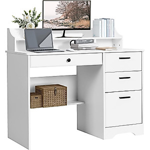 White Computer Desk with 4 Drawers, Modern Small White Desk with Large Storage Space & Hutch, Home Office Desk for Bedroom Small Spaces, White