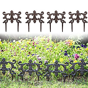 Sungmor 4PC Small Garden Fence 9.4in. Tall Cast Iron Picket Fence, Heavyweight Outdoor Landscape Edging Low Border, Pretty Antique Brown Pattern, Stake Decorative Metal Fence Panel for Lawn Flowerbeds
