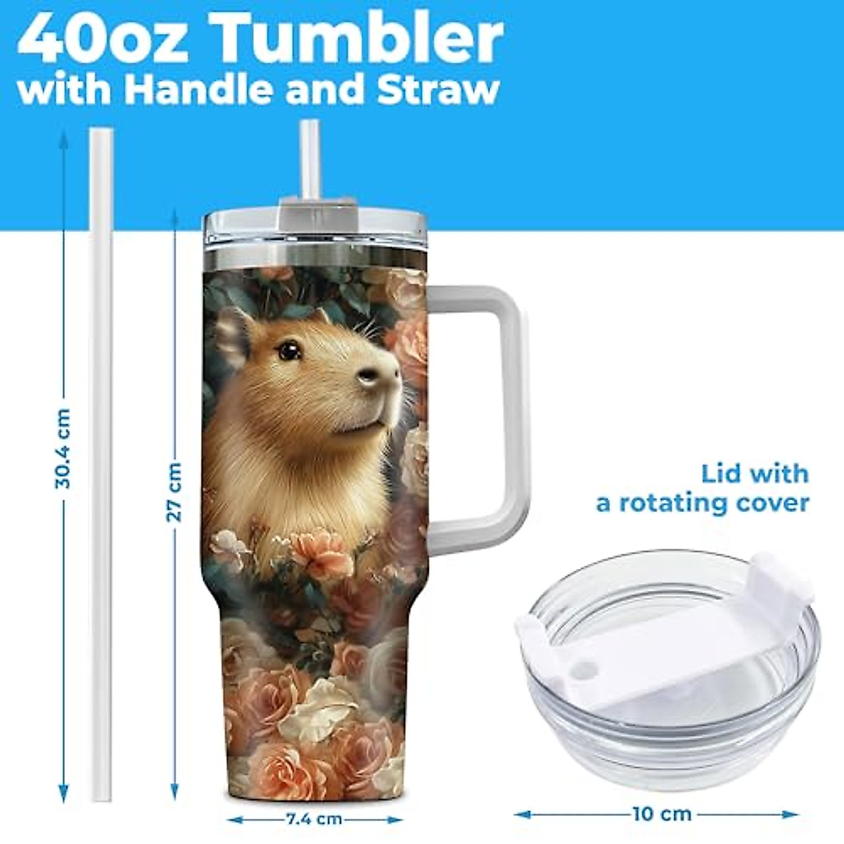Hyturtle Personalized Capybara Gifts for Women, Floral 40oz Tumbler with Handle and Straw, Best Birthday Christmas Gifts Ideas for Girls, Friends Custom Name Stainless Steel Travel Cup With Lid