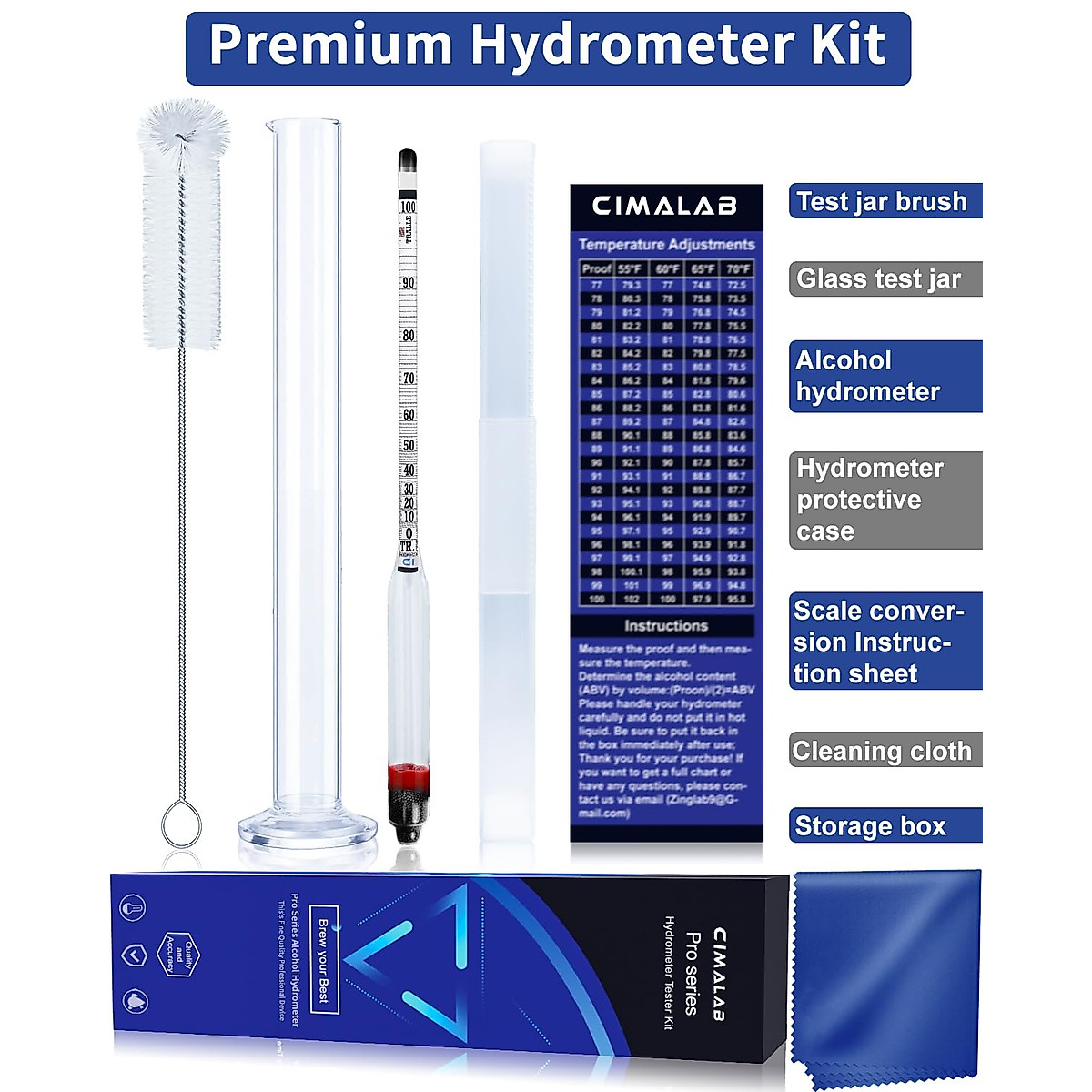 Cimalab Hydrometer Alcohol Meter Kit, Hydrometer Alcohol 0-200 Proof & Tralle with Hydrometer Test Jar, Alcohol Proof Tester Hydrometer, Alcohol Tester for Liquor/Moonshine/Spirits/Proofing/Distilled