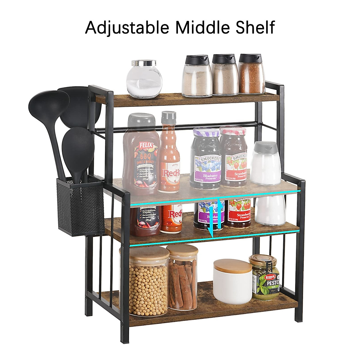 Giikin 3 Tier Adjustable Spice Rack Organizer Storage Shelf , Kitchen Counter Standing Wood Seasonings Rack with a Wire Basket, Countertop Standing Holder for Kitchen, Bathroom, Cabinet, Pantry