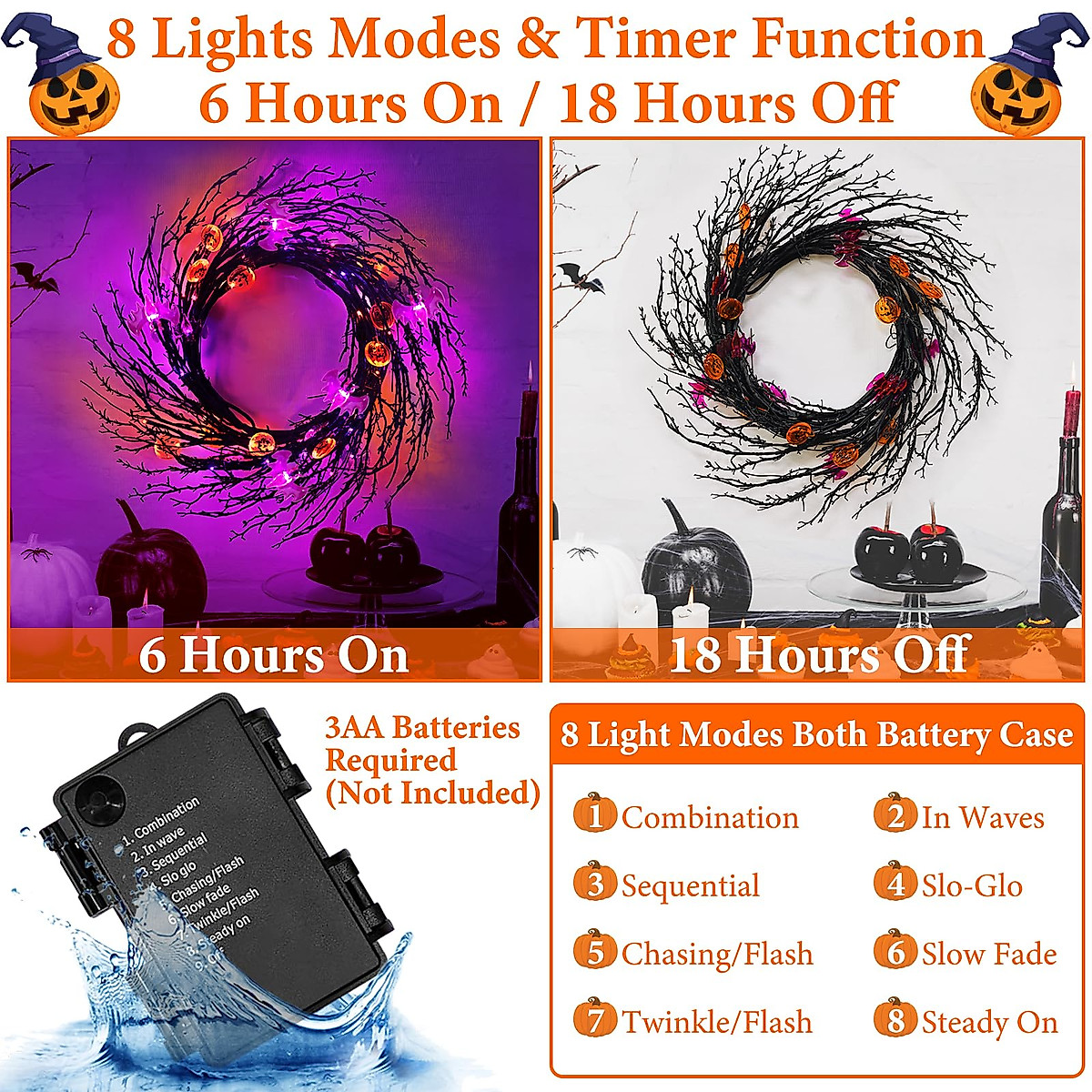 9FT 72LED Halloween Decorations Willow Vine Twig Garland with 8 Modes Orange Purple Lights & Timer &12 Pumpkin Bat,Battery Operated Halloween Garland for Mantel Table Fireplace Indoor Home Decor