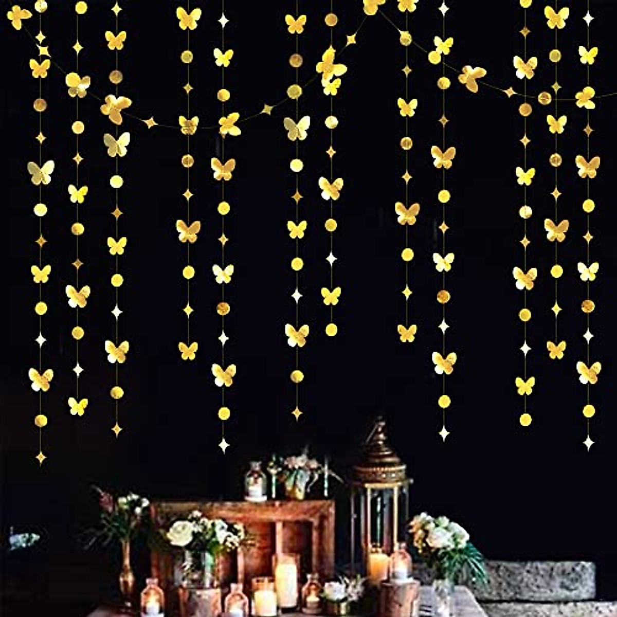 40 Ft Gold Butterfly Garland Metallic Paper Hanging Polka Dots Star Butterflies Streamer Banner for Spring Engagement Wedding Bridal Shower Baby Shower Bachelorette Birthday Party Decorations Supplies