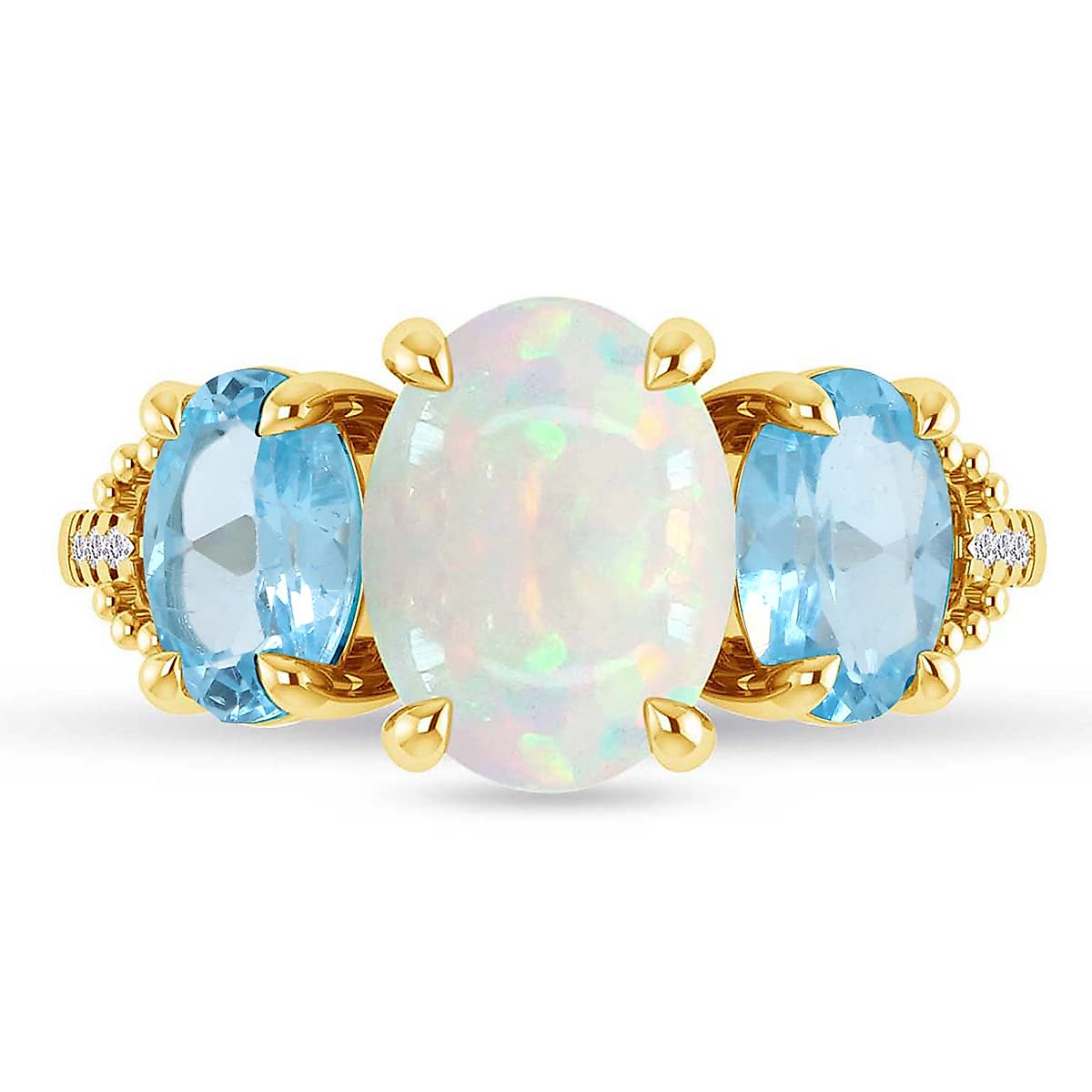 GEMVIO Collection Three Stone Design,Centre 6X8MM Oval Cut Natural Opal & 4X6MM Side Natural Swiss Blue Topaz With Diamond Accent Engagement Ring In 14K Yellow Gold Over Sterling Silver(2 Cttw)-7
