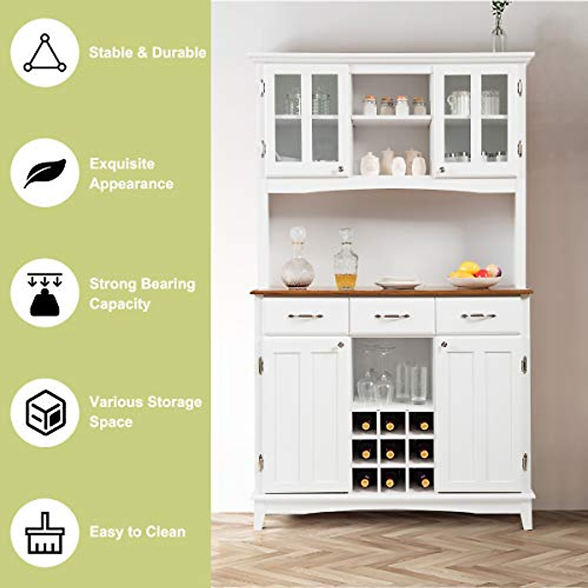 Giantex Buffet Hutch Cabinet, Kitchen Hutch Sideboard, Buffet Cabinet on Storage Island, Wood Kitchenware Server with 3 Large Drawers and 9 Wine Bottle Modulars (White)