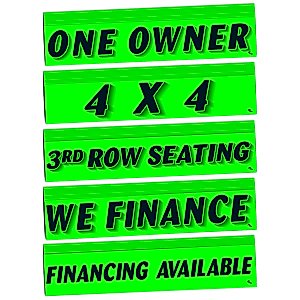 Versa Tags Windshield Slogan Stickers 12 Pack Each of ONE Owner, 4X4, 3RD Row Seating, WE Finance, FINANCING Available (60) Window Stickers Total Dealership Stickers Black On Green