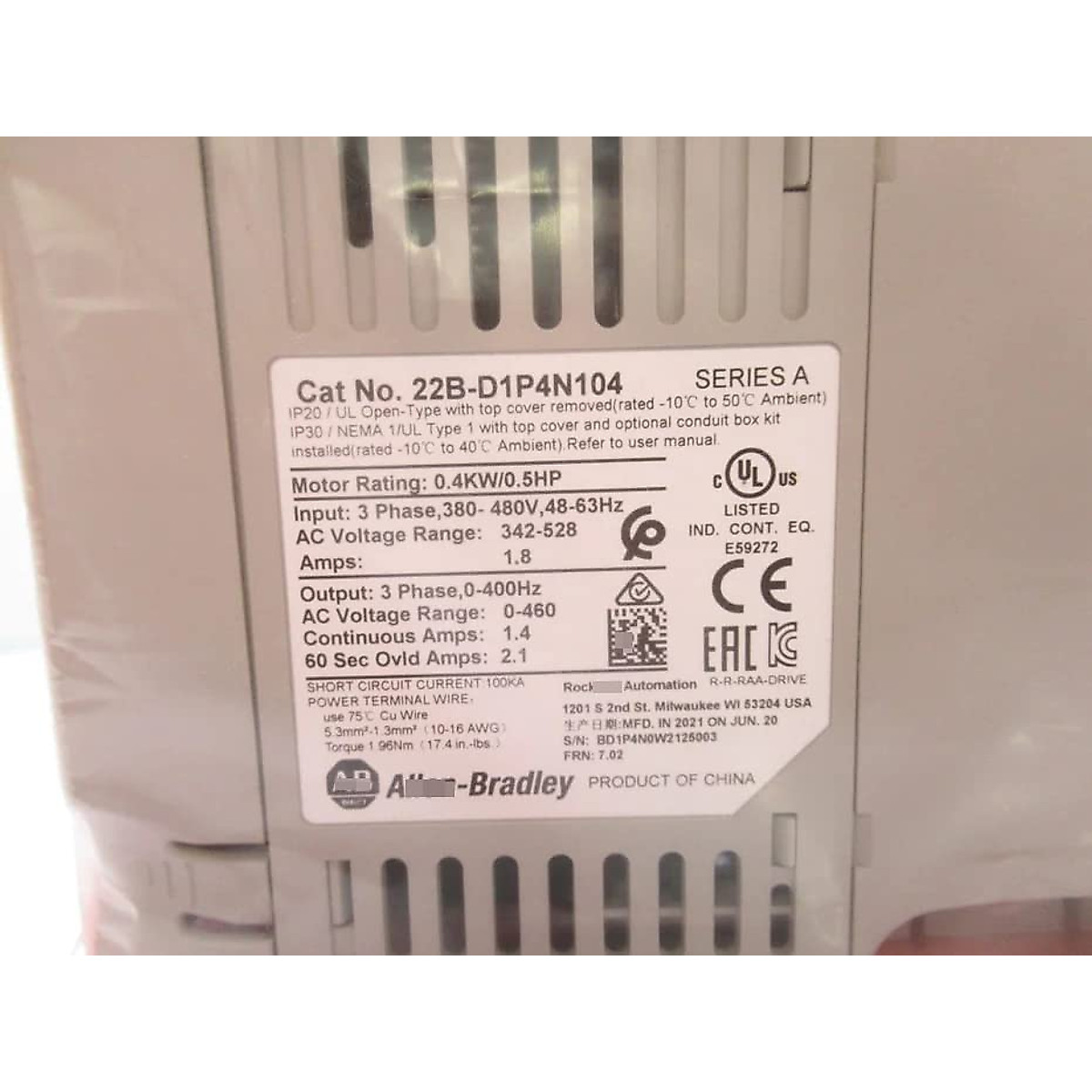 22B-D1P4N104 22B-D1P4N104 Power 40 0.4kW AC Drive 22BD1P4N104 Sealed in Box 1 Year Warranty Fast Shipment