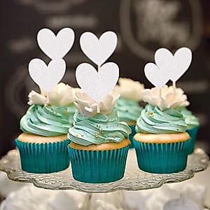 30 PCS Love Heart Cupcake Toppers Glitter Mixed Size Wedding Engagement Cupcake Picks Decorations for Wedding Anniversary Bridal Shower Birthday Valentine's Day Party Supplies Silver