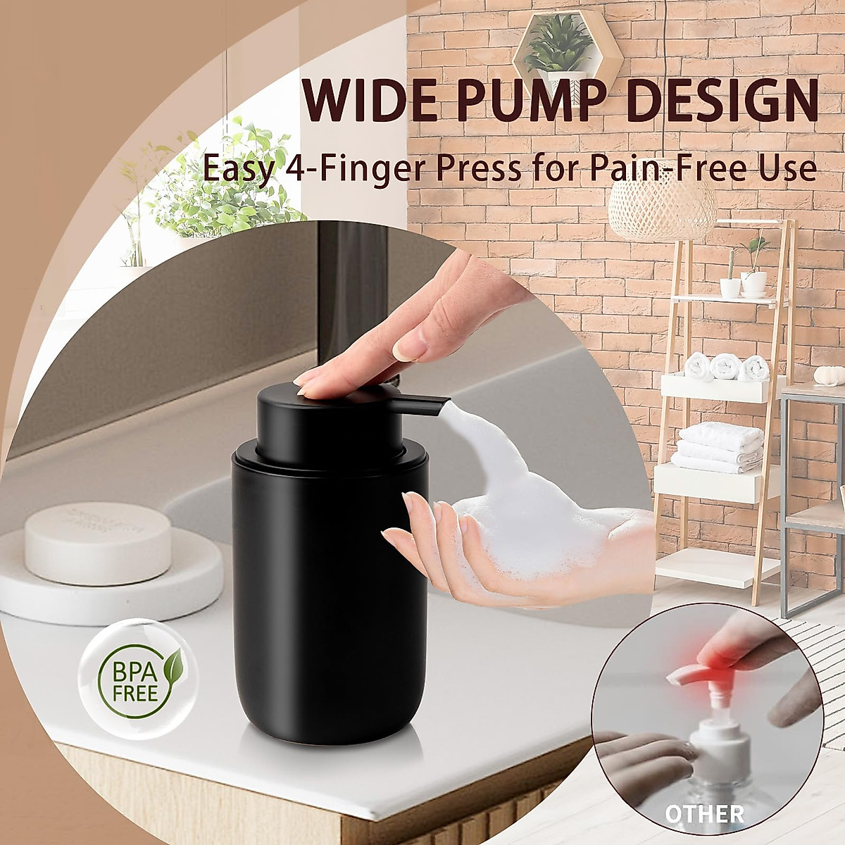 rejomiik Foaming Soap Dispenser Thick Ceramic Foam Hand Soap Dispenser for Bathroom or Kitchen Sink, Liquid Pump Bottles for Hand soap, Body Wash, Black