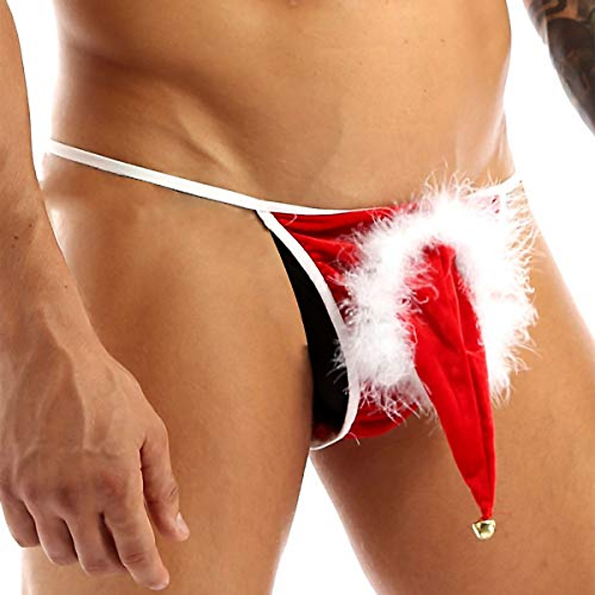 YOOJOO Men's Novelty Thongs Funny G-String Pouch Bikini Christmas Santa Hat Underwear Gag Gifts Santa Bell Large
