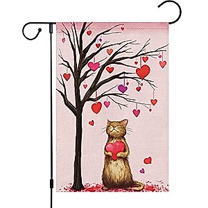 Heyfibro Valentine's Day Cat Garden Flag, Valentines Heart Love Tree Burlap 12 x 18 Inch Double Sided Yard Flag, Spring Seasonal Outdoor Decoration for Valentines Day Gifts(ONLY FLAG)