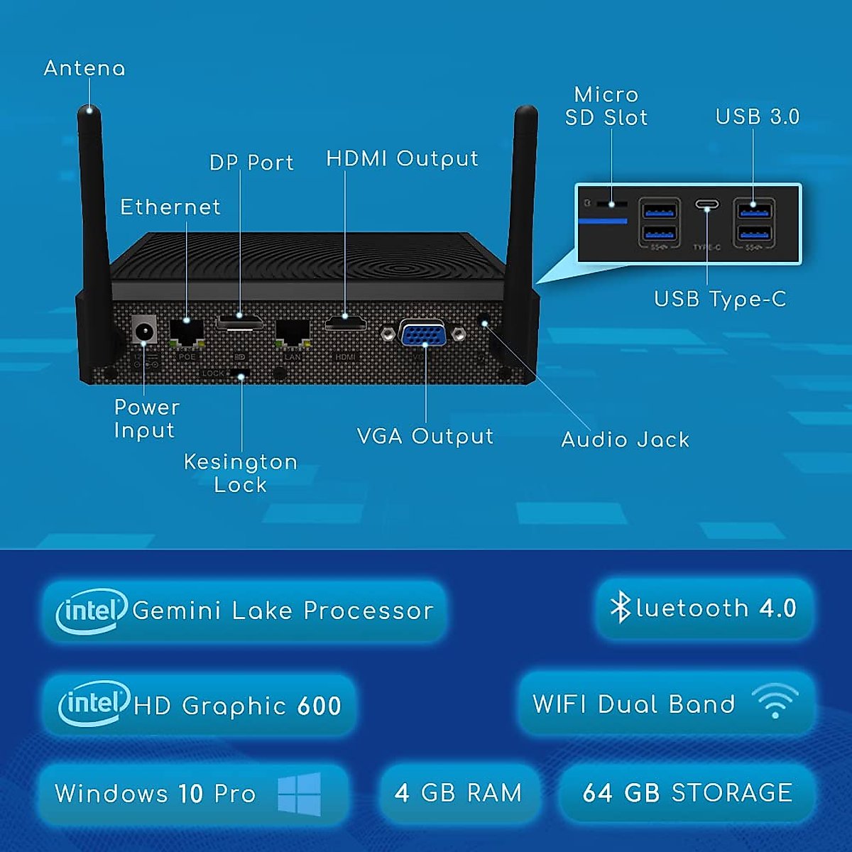 AZULLE Byte4 Pro Fanless Mini Desktop PC 4GB/64GB with Keyboard - Business & Home Powerful Portable Computer, WiFi, Ethernet, Windows 10 Pro