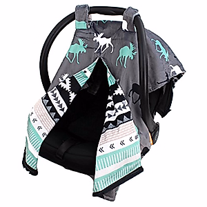 Dear Baby Gear Deluxe Car Seat Canopy - Infant Car Seat Cover - Baby Car Seat Covers - Carseat Canopy for Infant Car Seats - Car Seat Cover (Reversible Black, Grey, Mint Moose, Aztec Minky 40"x30")