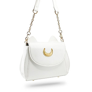 OCT17 Moon Luna Design Purse Kitty Cat satchel shoulder bag Designer Women Handbag Tote PU Leather Sailer Style (White)