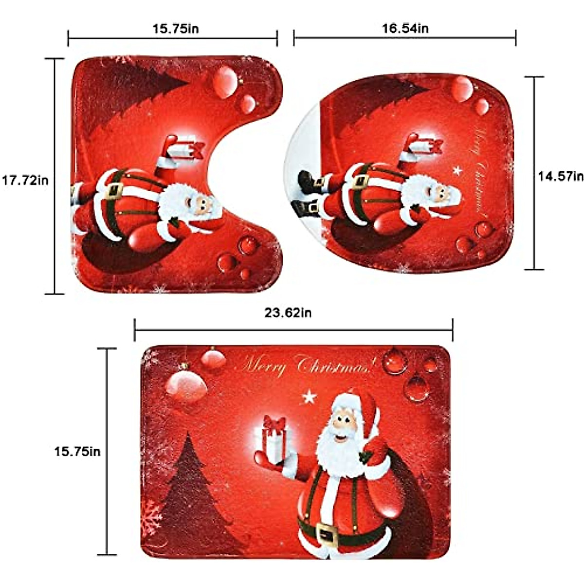 BLEUM CADE 4 Pcs Merry Christmas Shower Curtain Sets with Non-Slip Rugs, Toilet Lid Cover, Bath Mat and 12 Hooks Santa Xmas Tree Ball Snowflake Waterproof Shower Curtain for Christmas Decoration