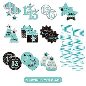 Happy 13th Birthday Party Hanging Swirls Streams Ceiling Decorations, Celebration 13 Foil Hanging Swirls with Cutouts for 13 Years Teal Silver Black Blue Birthday Party Decorations Supplies