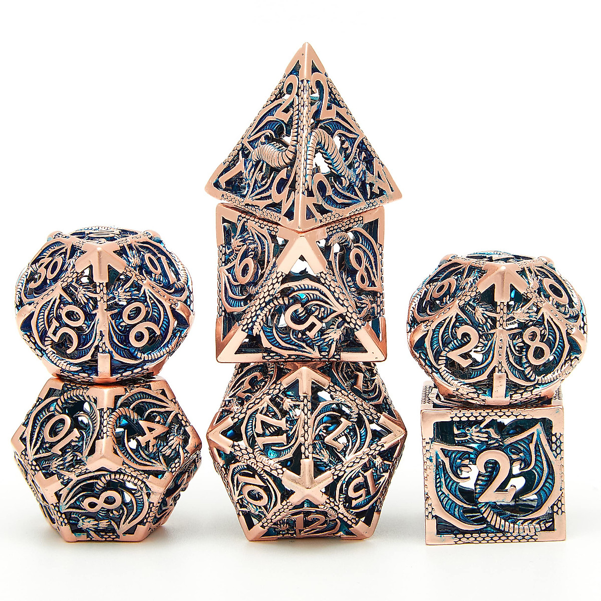 Hollow Metal DND Game Dice Dragon Shaped Blue and Copper Numbers 7Pcs Set for Dungeons and Dragons RPG MTG Table Games D&D Pathfinder Shadowrun and Math Teaching(with Metal case)