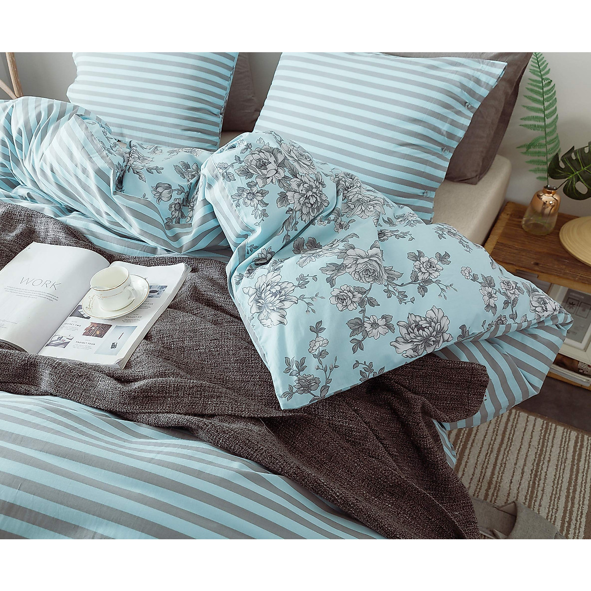 ANNA.Z HOME 3-Piece Cotton Duvet Cover Set. 100% Cotton Percale Fabric. Real Reversible Design. Pre-Washed Printed Fabrics. Soft and Easy Care. Modern Farmhouse Style. (Green, King Set)