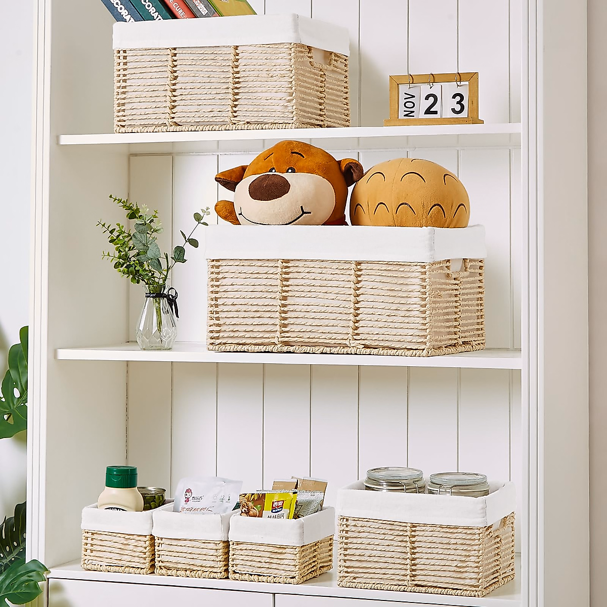 Vagusicc Wicker Storage Basket, 6 Pack Baskets for Organizing, Wicker Baskets with Handle, Rectangular Wicker Baskets for Storage Shelves, Cube Storage Bins for Closet/Clothes/Dresser, Beige